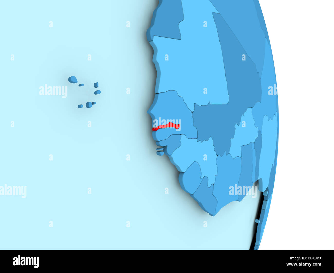 Gambia in red on simple blue political globe with visible country ...