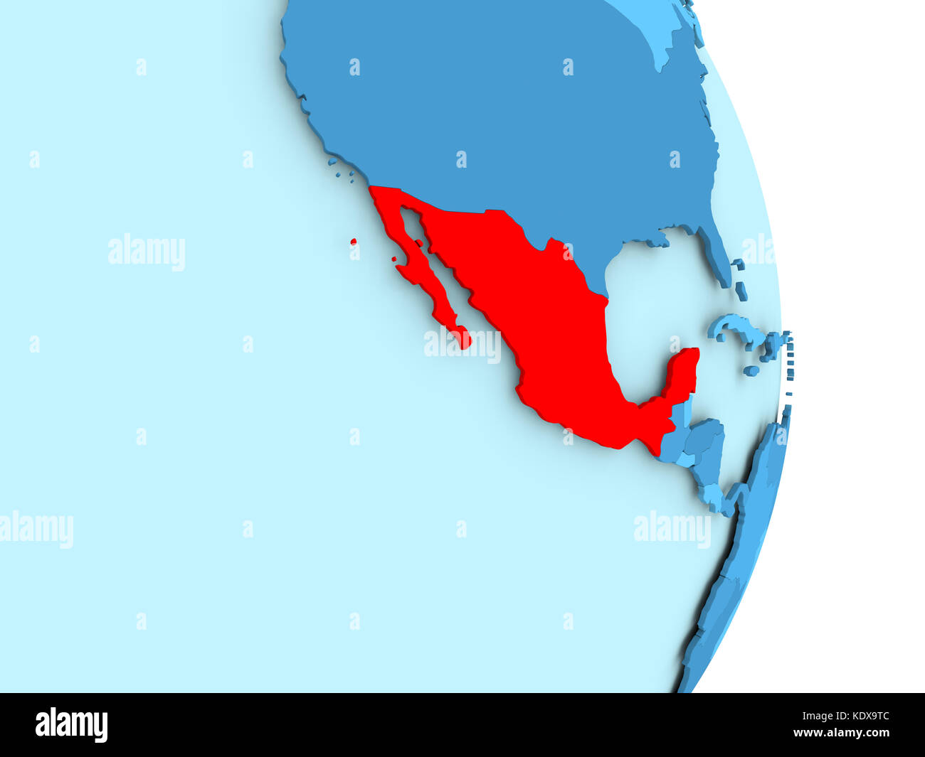 Mexico in red on simple blue political globe with visible country ...
