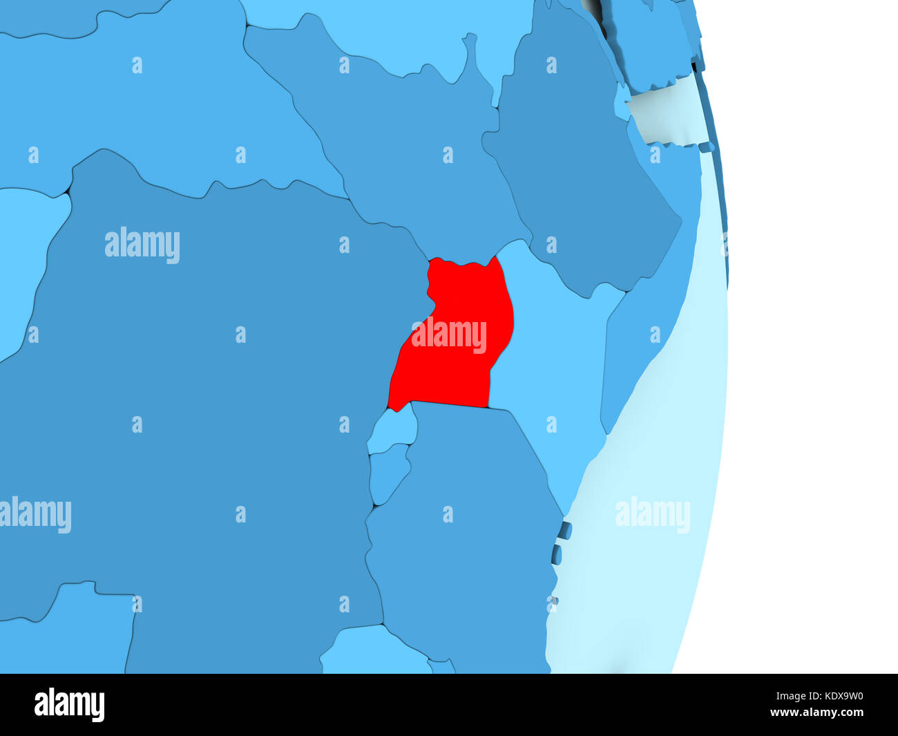 Uganda in red on simple blue political globe with visible country ...