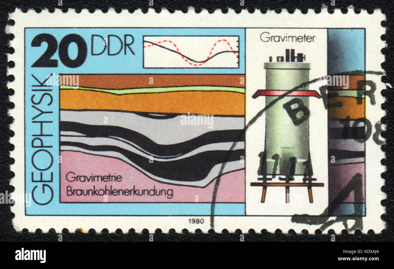 A postage stamp printed in DDR shows Gravimetry, from series Geophysics ...