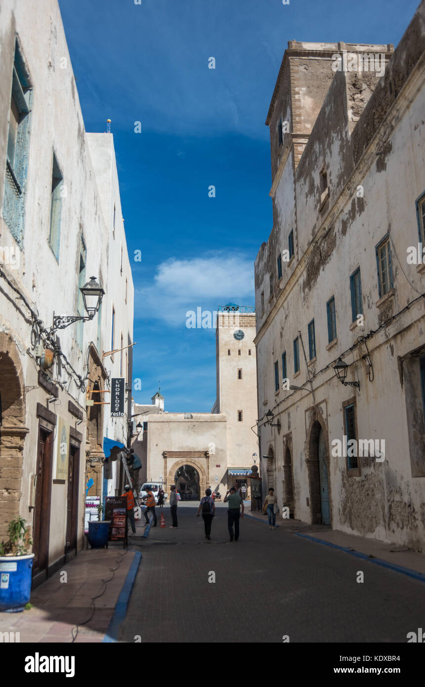 Essaouira, Morocco - May 6, 2017 : Clock tower gate and walls of ...
