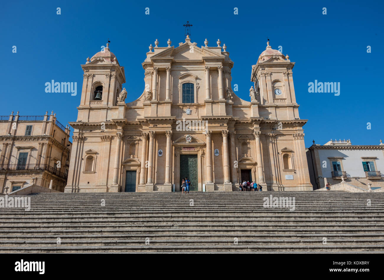 The famous baroque cathedral of Noto in sunset. View from belltower of ...