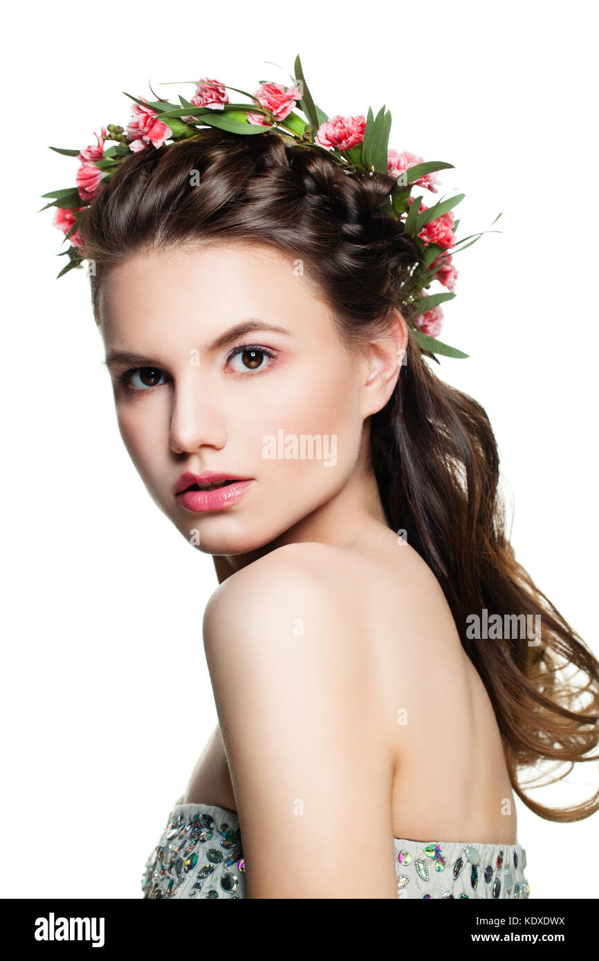 Young Woman Fashion Model with Prom Hairstyle, Makeup and Flowers ...