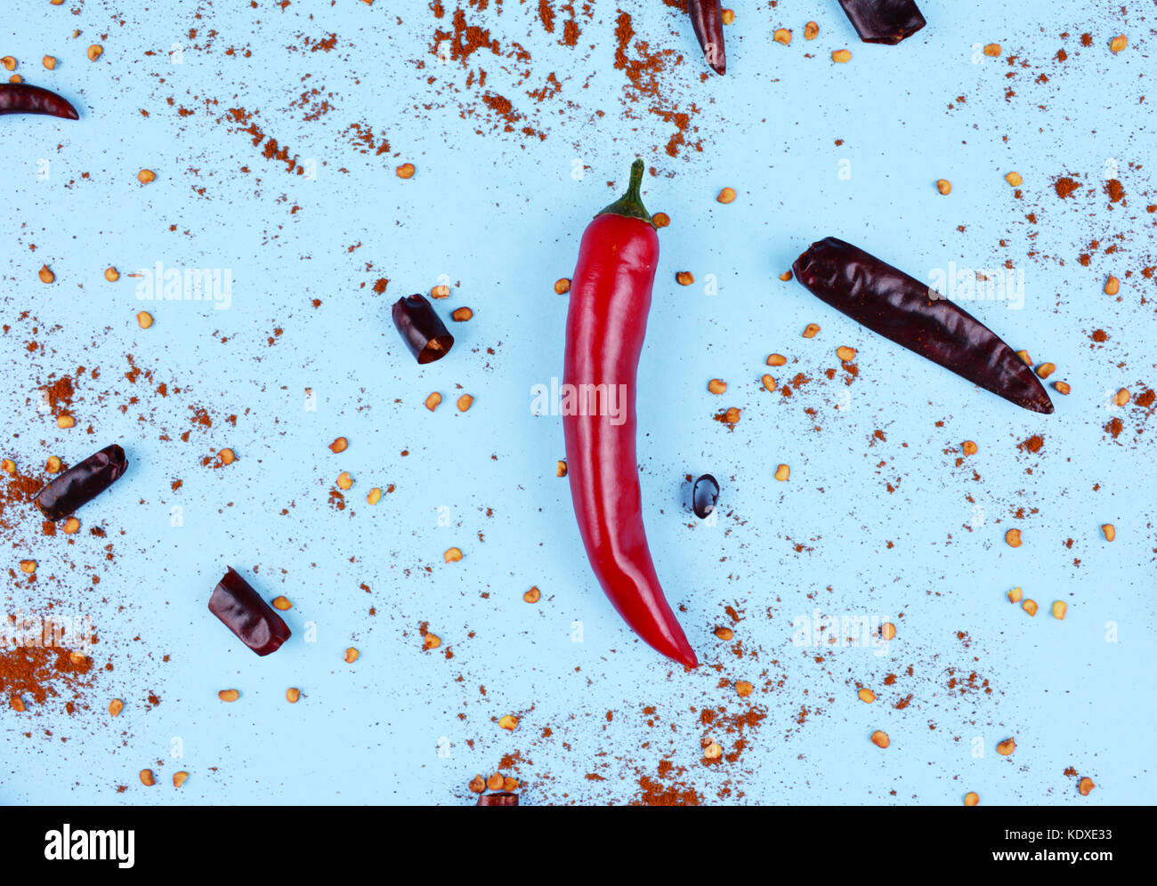 Red chilli papper on trendy blue background. Flat lay style. Colorful ...
