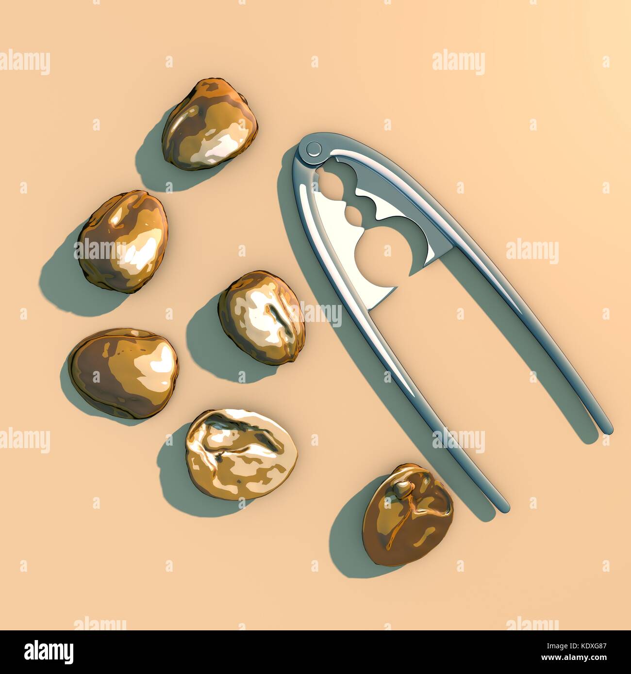 Nuts with shell and tool to split the nuts, split, seen from above. 3d ...