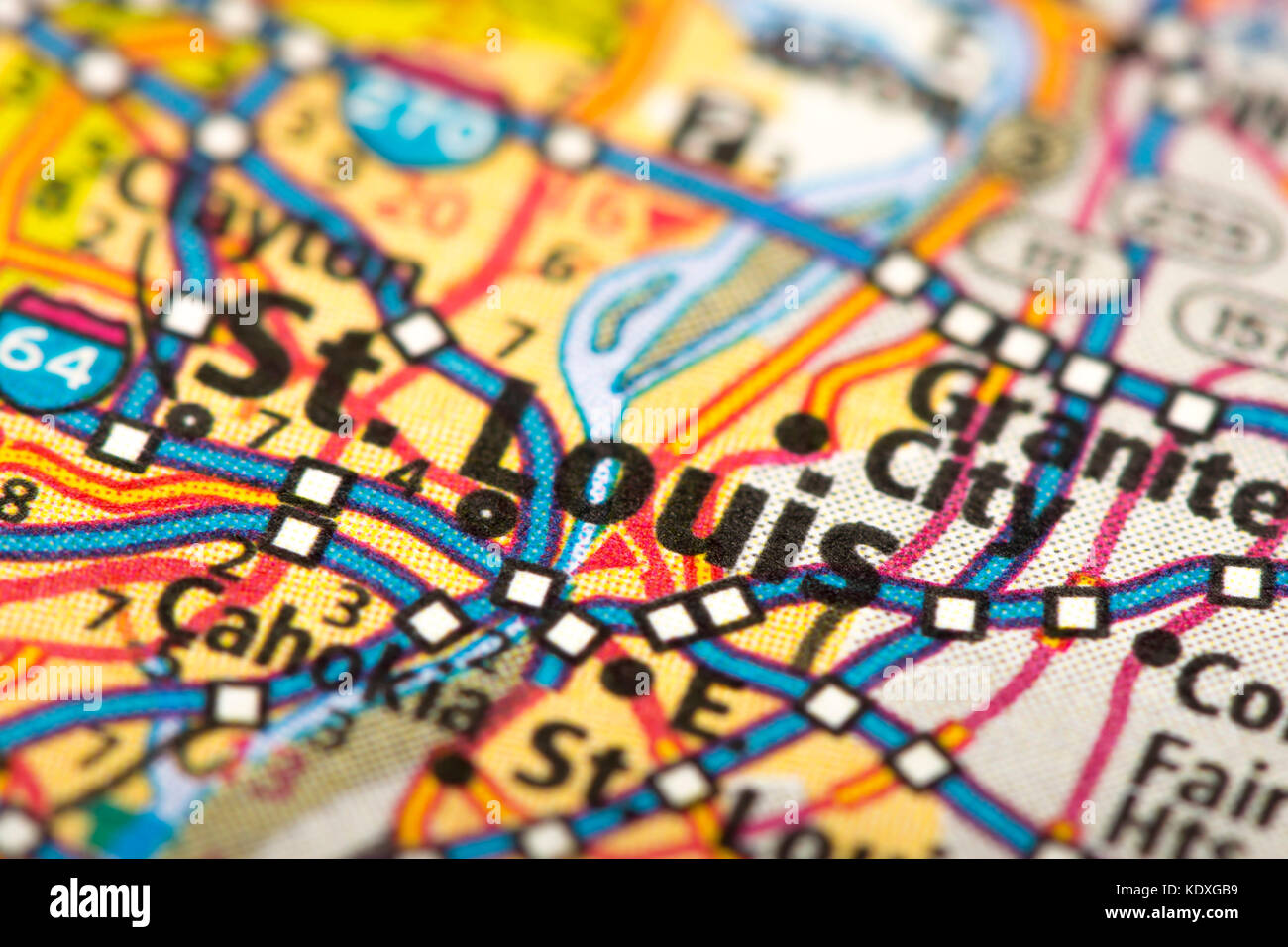 Closeup of St. Louis, Missouri on a road map of the United States Stock ...