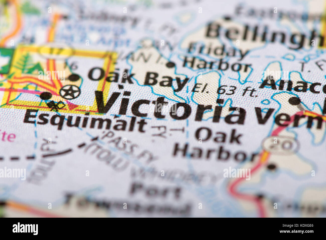 Closeup of Victoria, British Columbia, Canada depicted on a road map ...