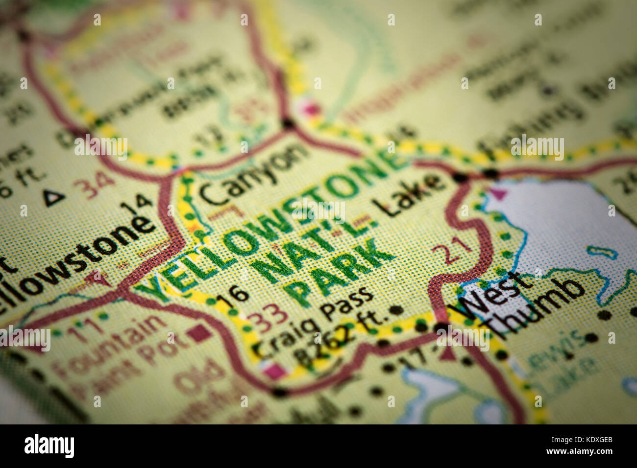 A road map focused on Yellowstone National Park Stock Photo - Alamy
