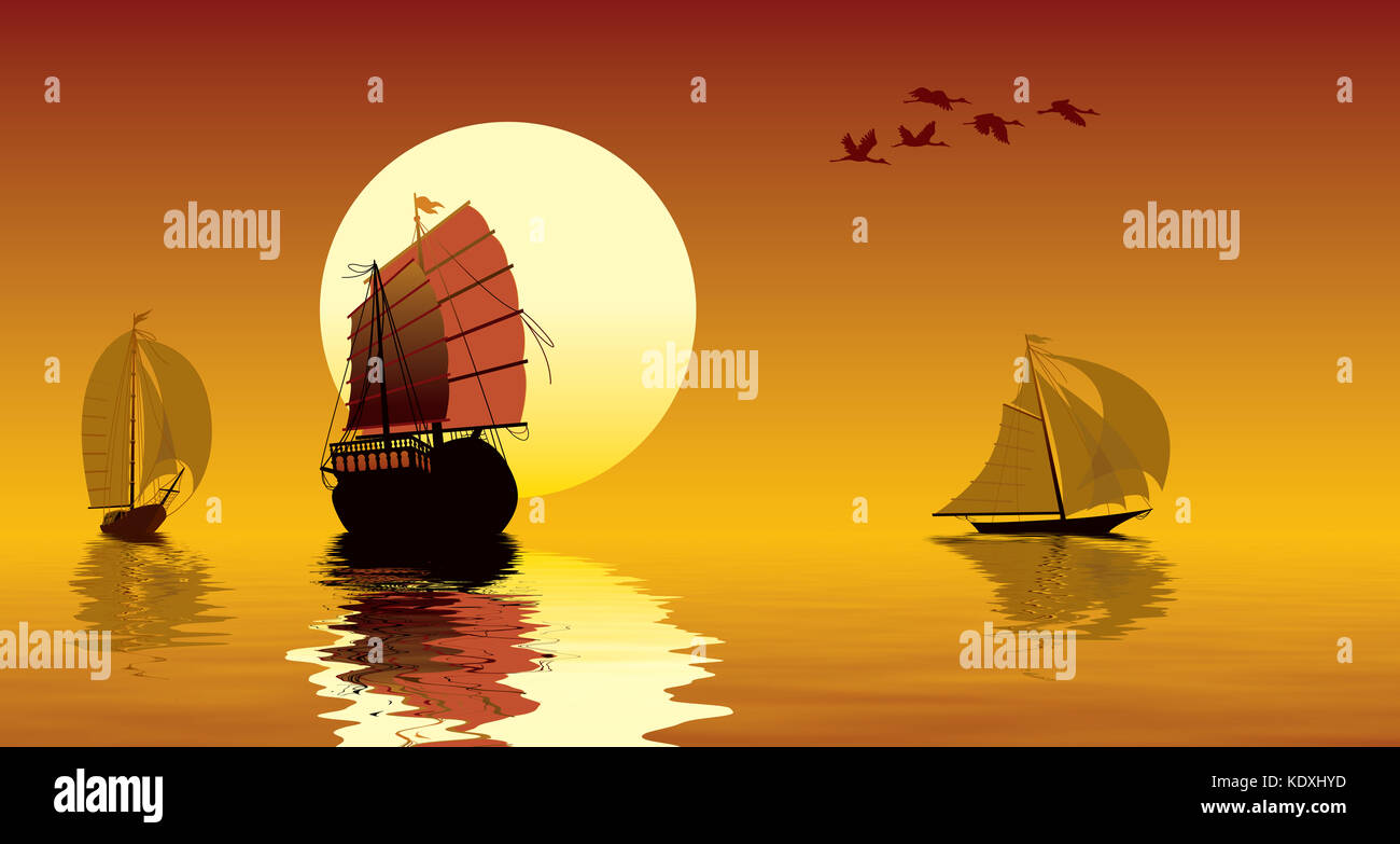 Tropical sunset, ocean, sailing ships and flying birds Stock Photo - Alamy