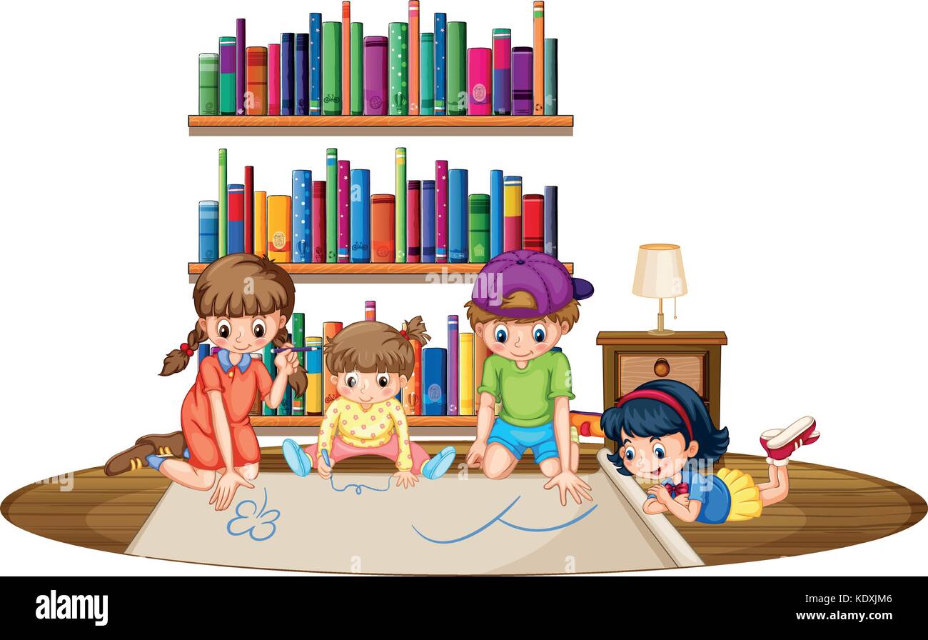Four kids drawing picture in the room illustration Stock Vector Image ...
