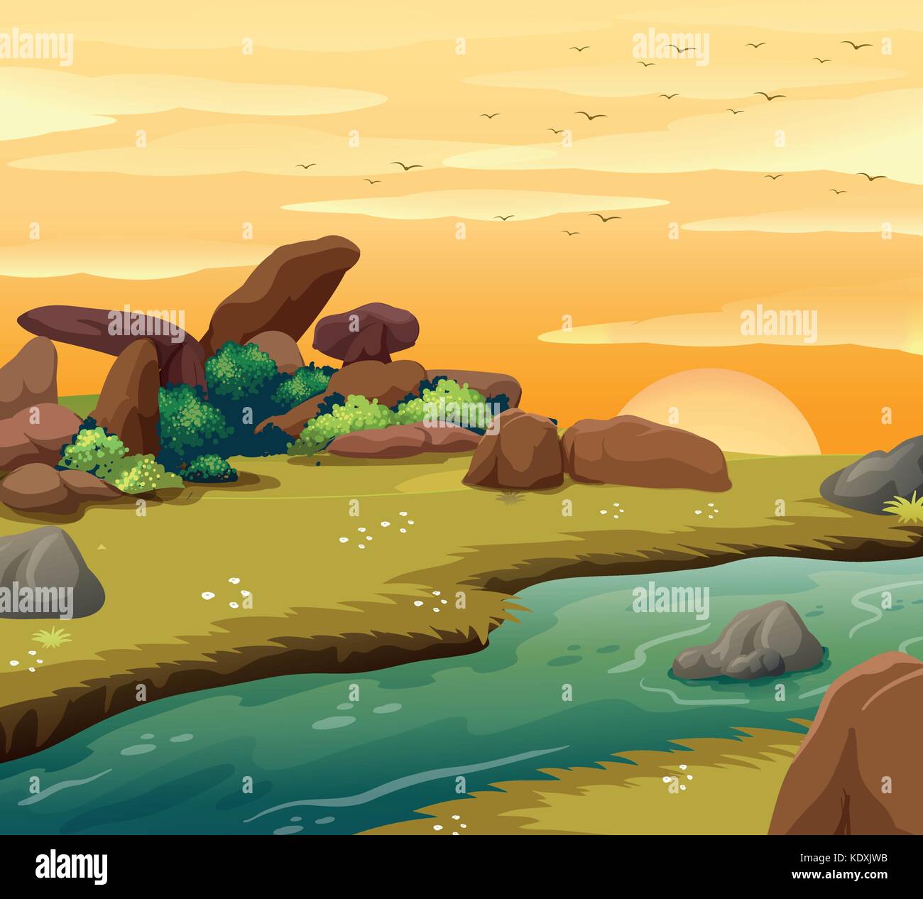 Background scene with river at sunset illustration Stock Vector Image ...