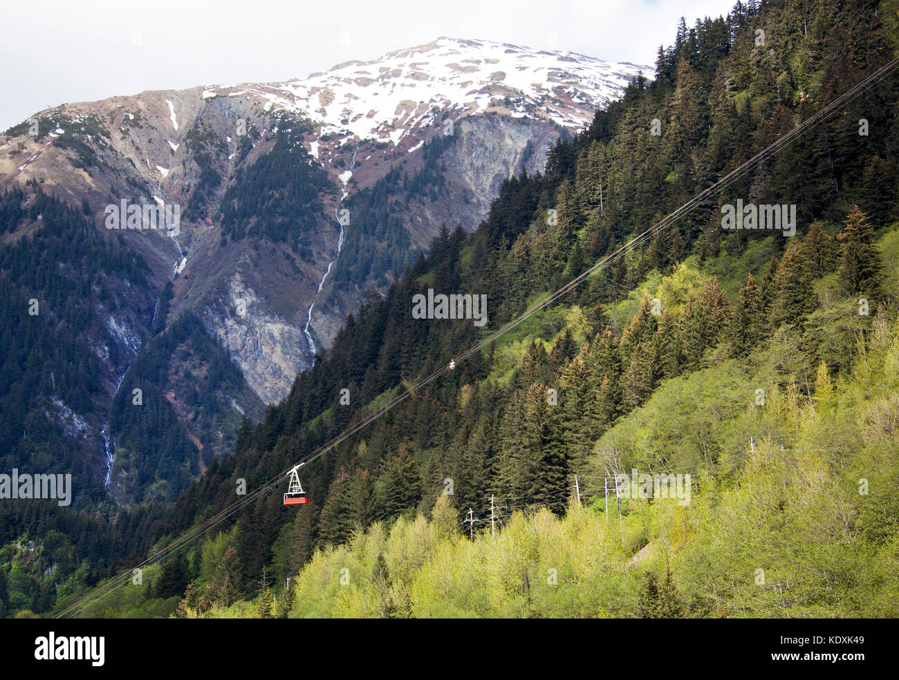 The view of a cable car going up to Mount Robert and Juneau Mountain in ...