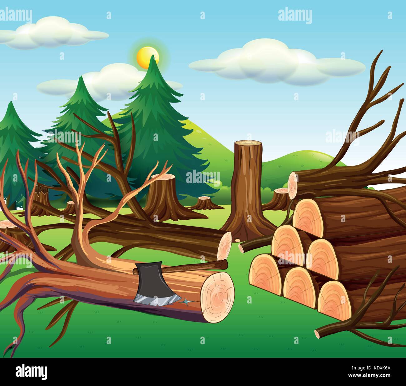 Deforestation scene with chopped woods illustration Stock Vector Image ...
