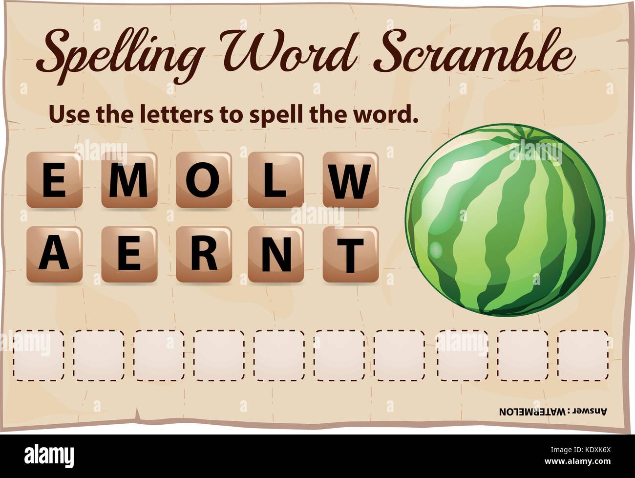 Spelling word scramble game template with word watermelon illustration ...