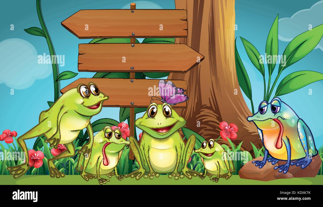 Wooden sign and green frogs in the park illustration Stock Vector Image ...