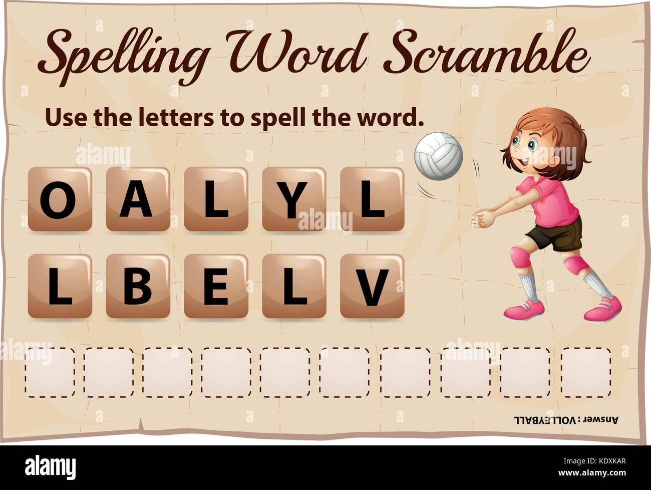 Spelling word scramble template with word volleyball illustration Stock ...