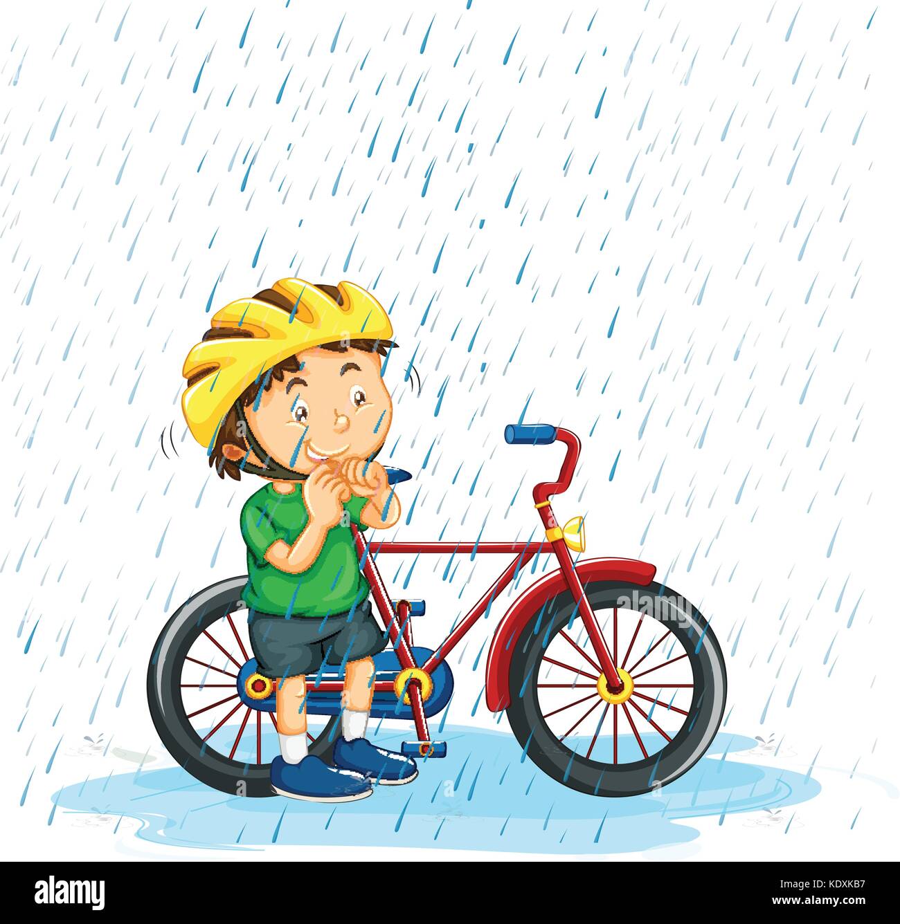 Boy riding bike in rain illustration Stock Vector Image & Art - Alamy