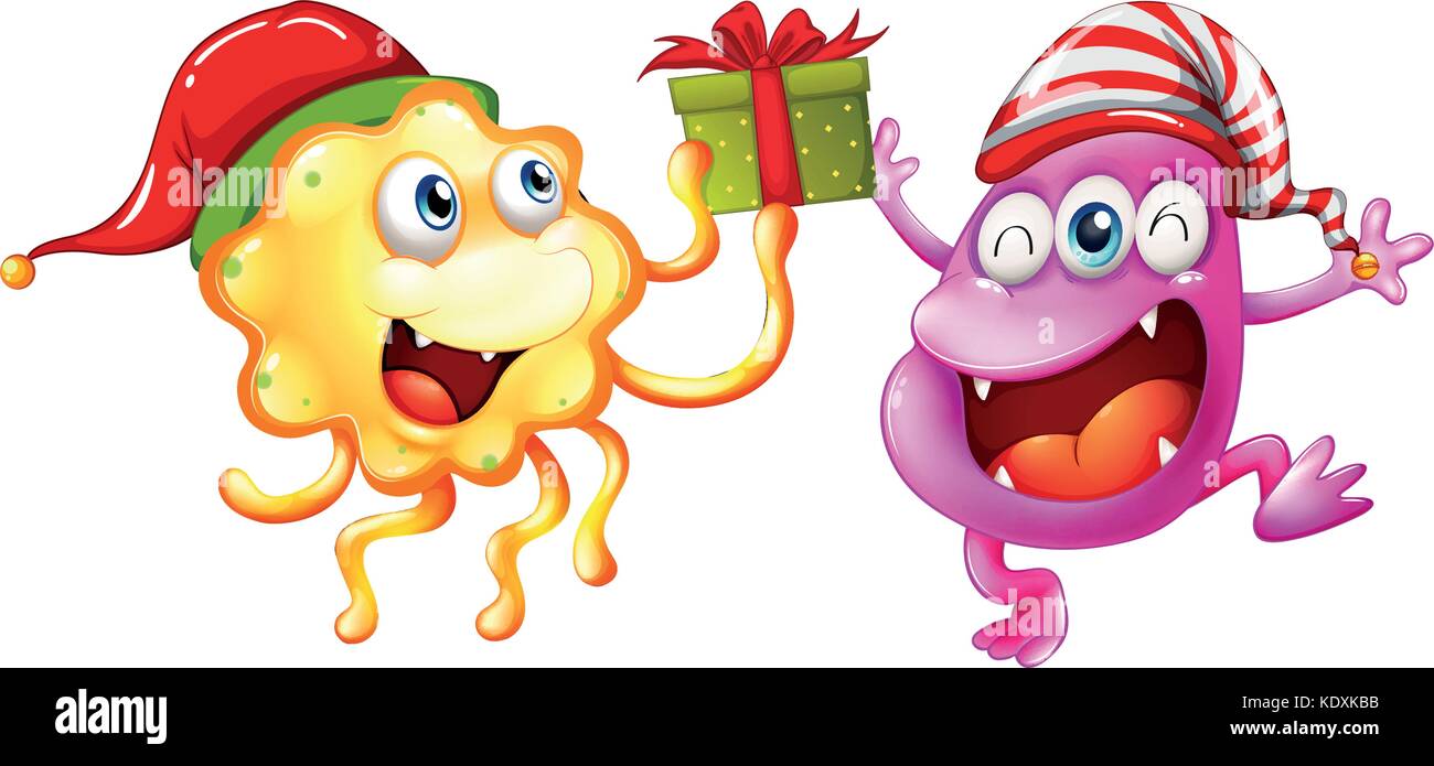 Christmas theme with monsters and present illustration Stock Vector ...