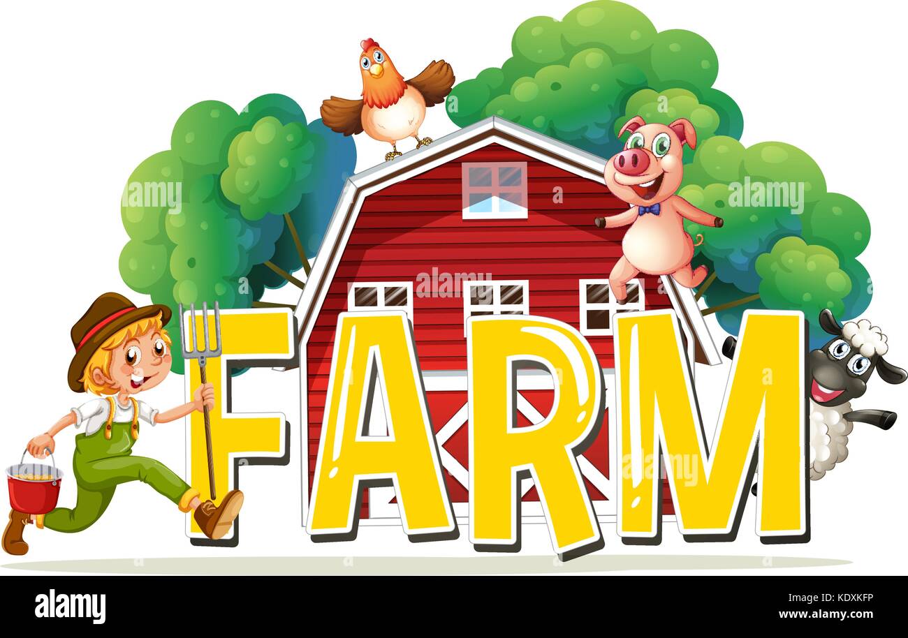 Font design with word farm with farmer and animals illustration Stock ...