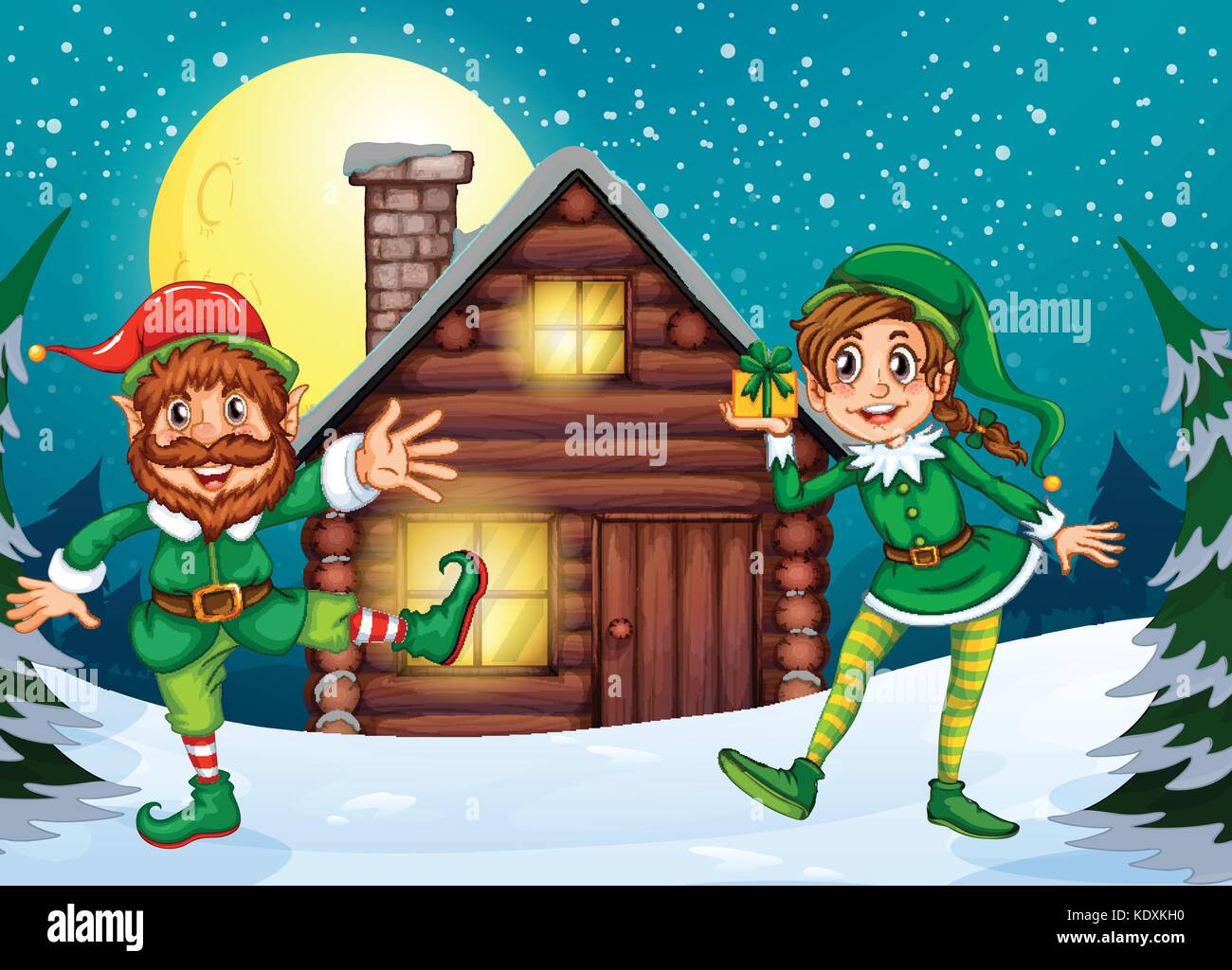 Two elves at the wood cabin illustration Stock Vector Image & Art - Alamy