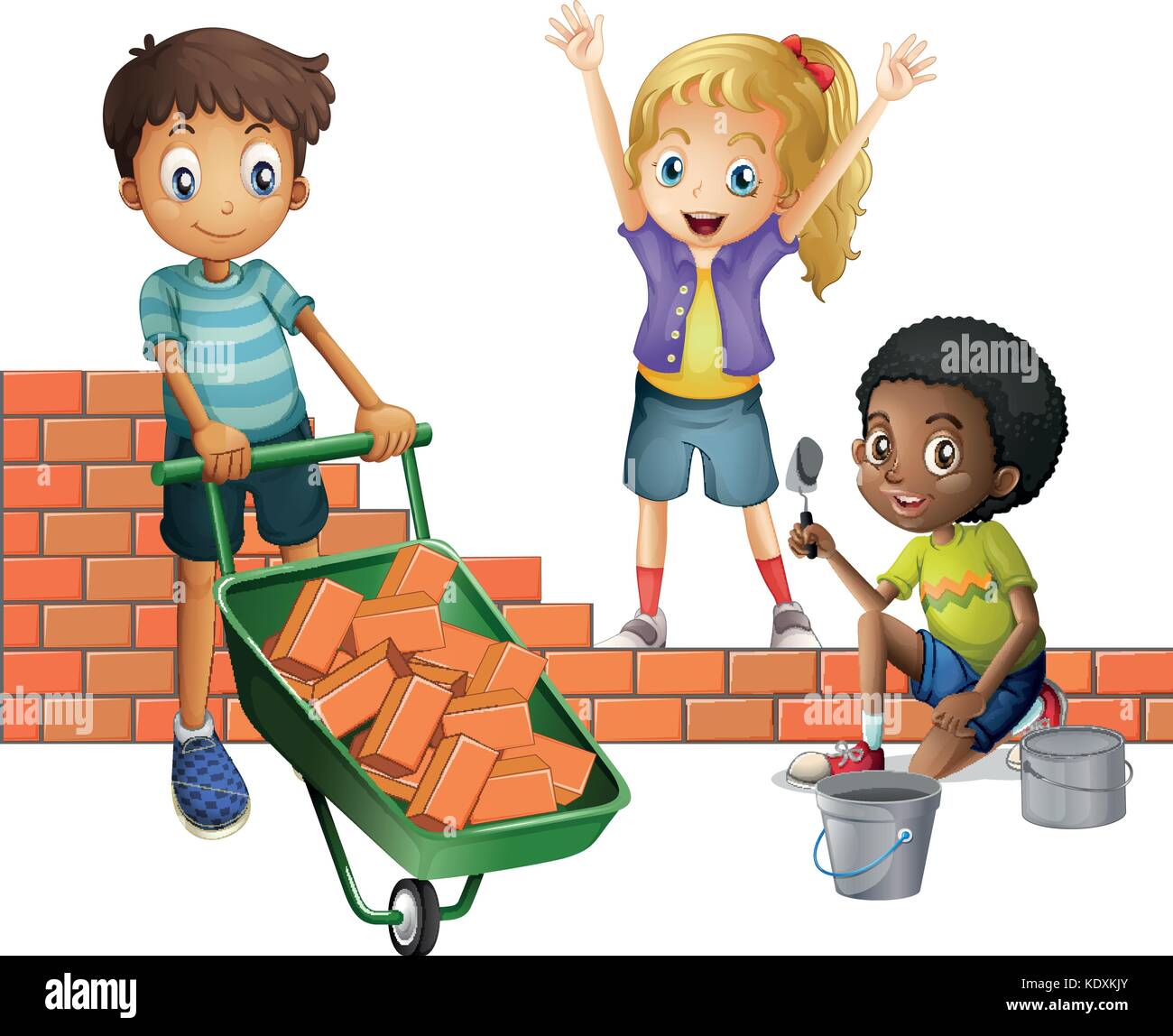 Three kids building brick wall illustration Stock Vector Image & Art ...