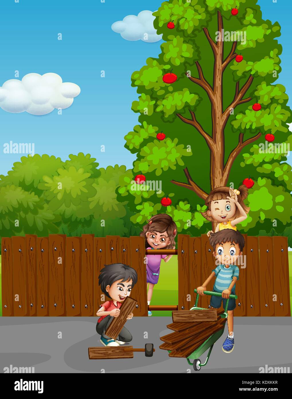 Children fixing fence in the garden illustration Stock Vector Image ...