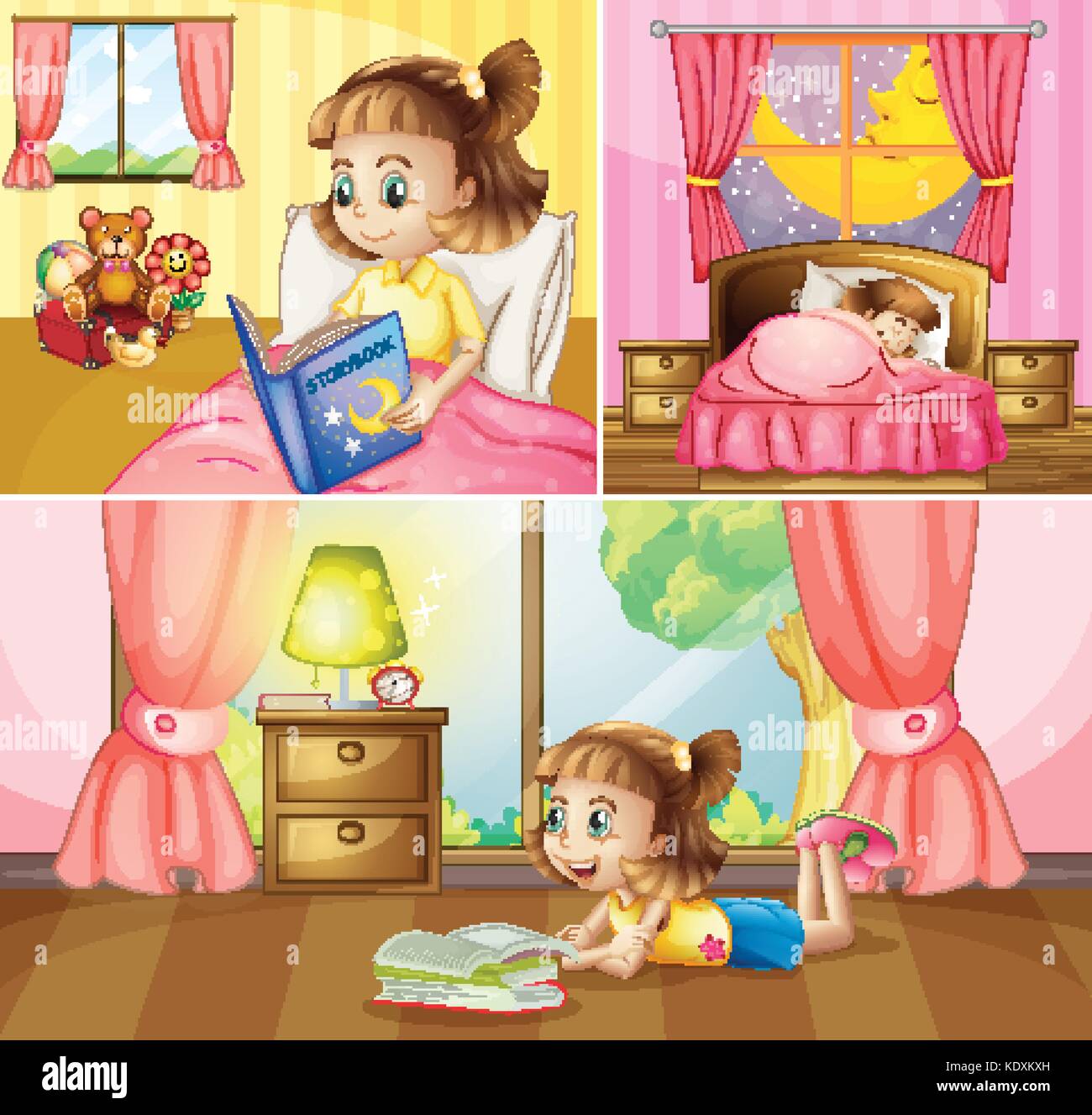 Girl doing different activities at home illustration Stock Vector Image ...