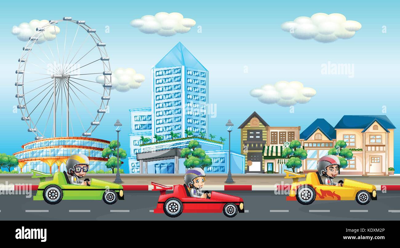 Scene with kids riding race car on the road illustration Stock Vector ...