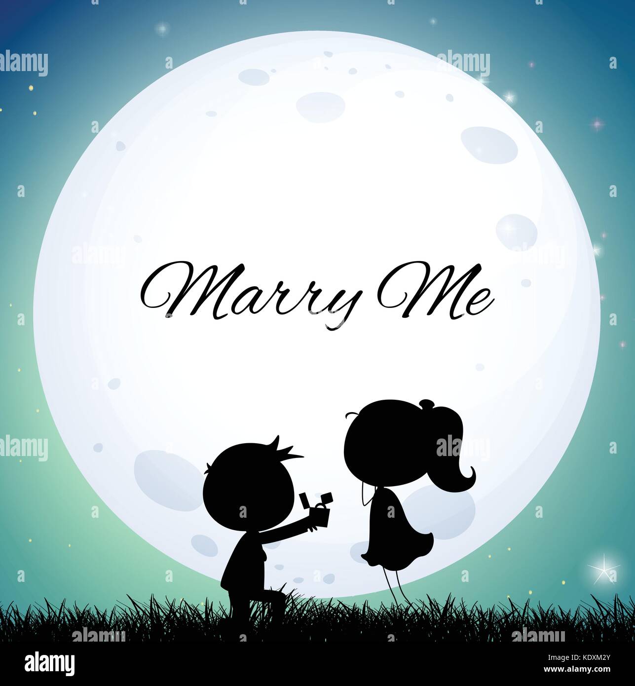 Love couple proposing marriage on full moon night illustration Stock ...