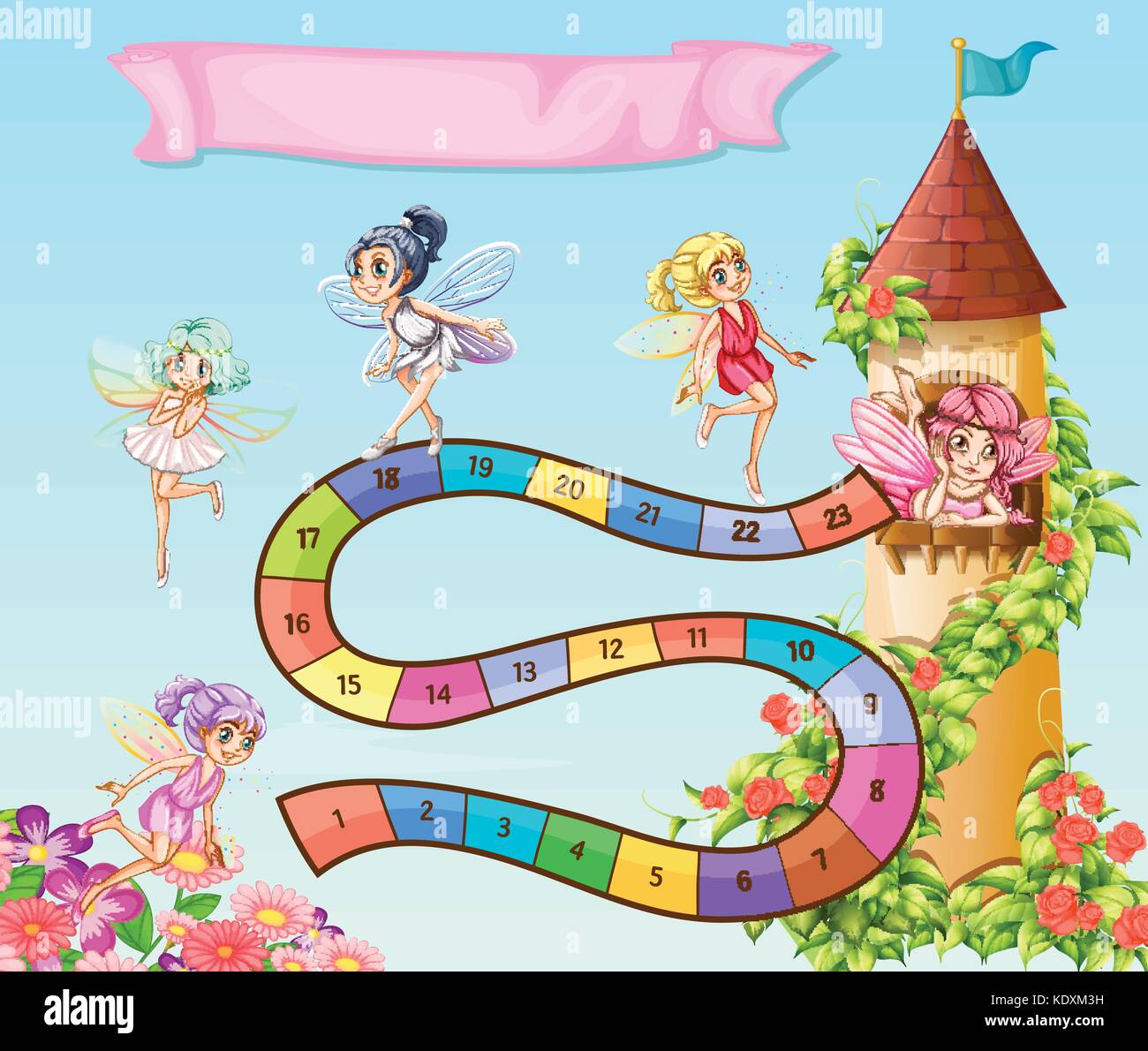 Boardgame design with fairies flying in garden illustration Stock ...