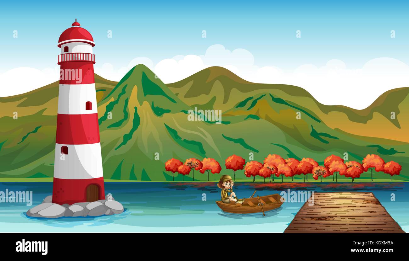 Scene with lighthouse and girl in boat illustration Stock Vector Image ...