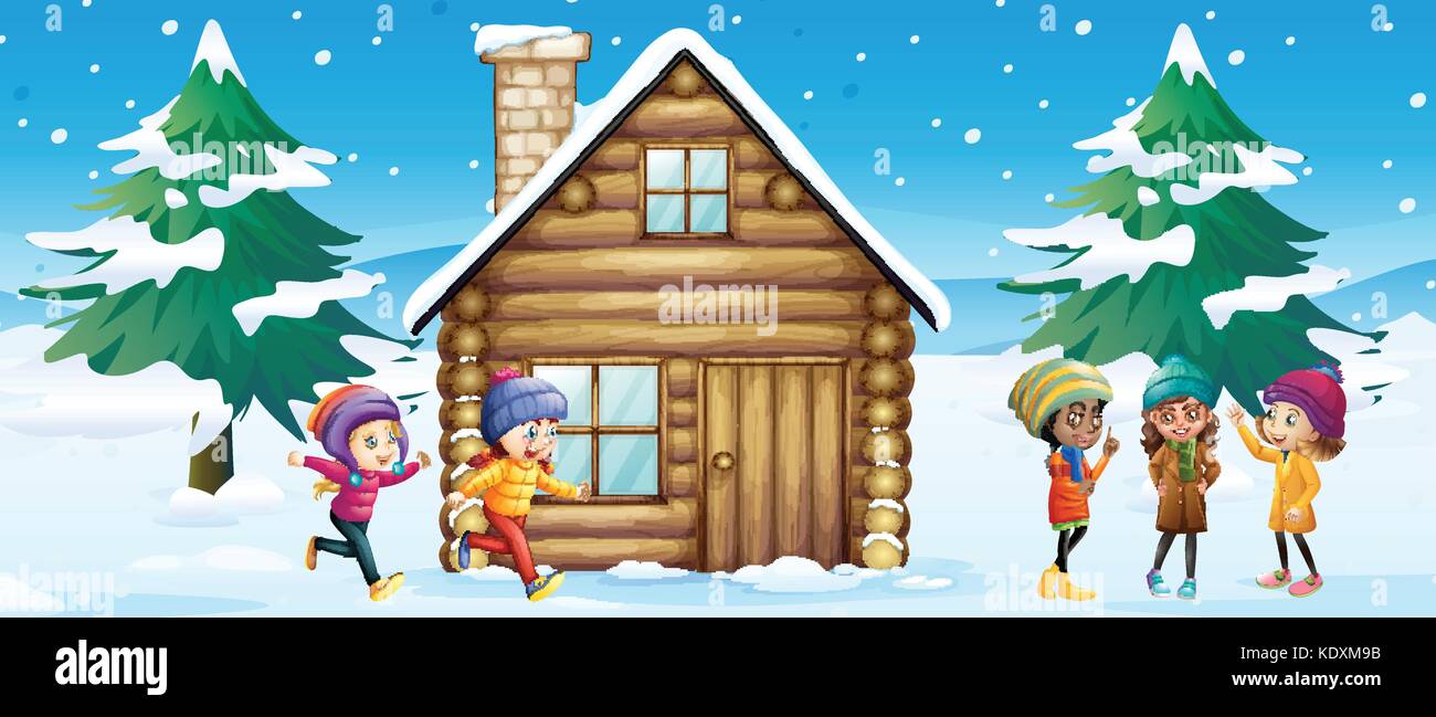 Winter scene with children playing in the snow illustration Stock ...