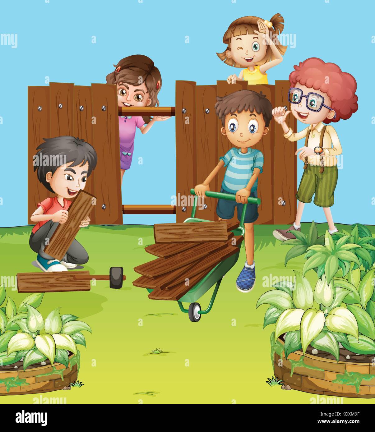 Children fixing fence in the garden illustration Stock Vector Image ...