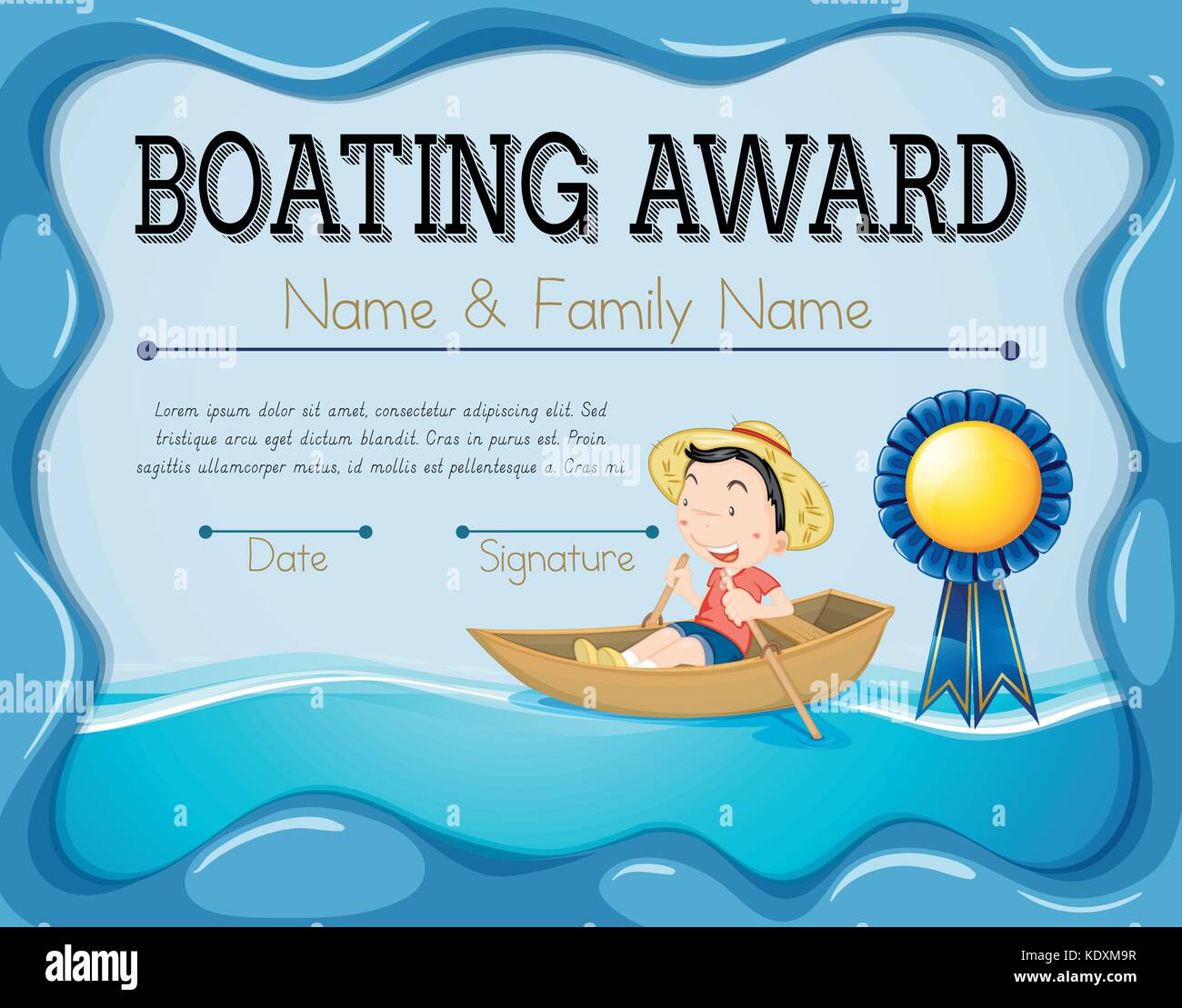 Boating award template with boy rowing boat background illustration ...