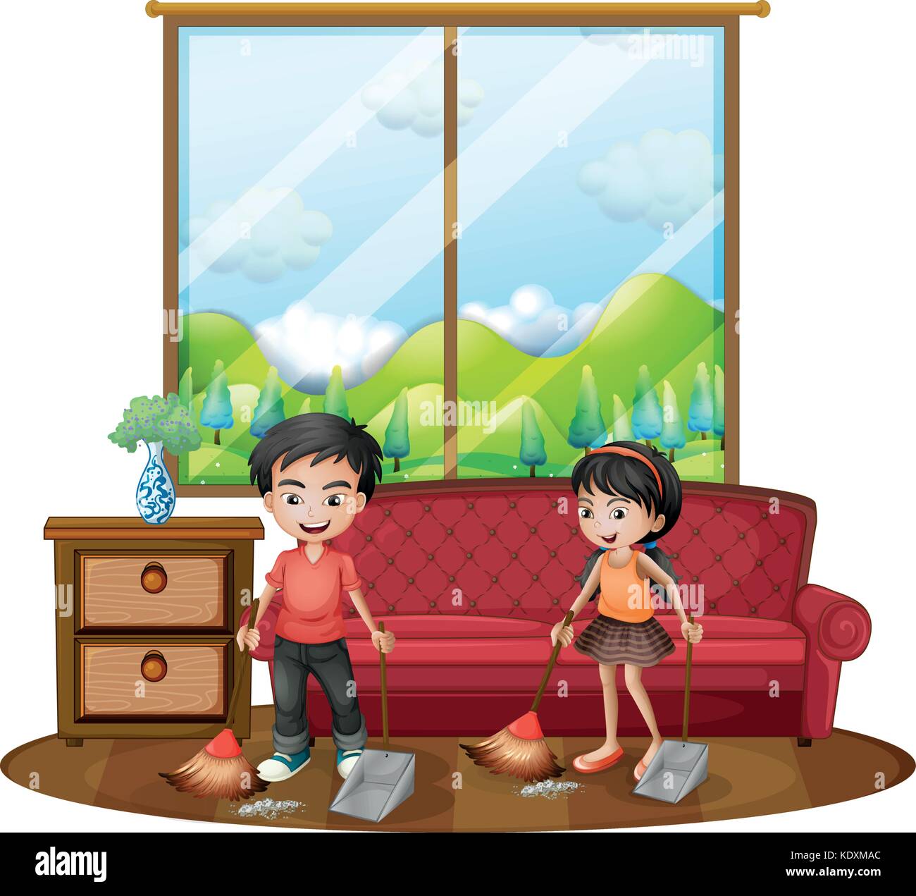 Two kids sweeping the floor illustration Stock Vector Image & Art - Alamy