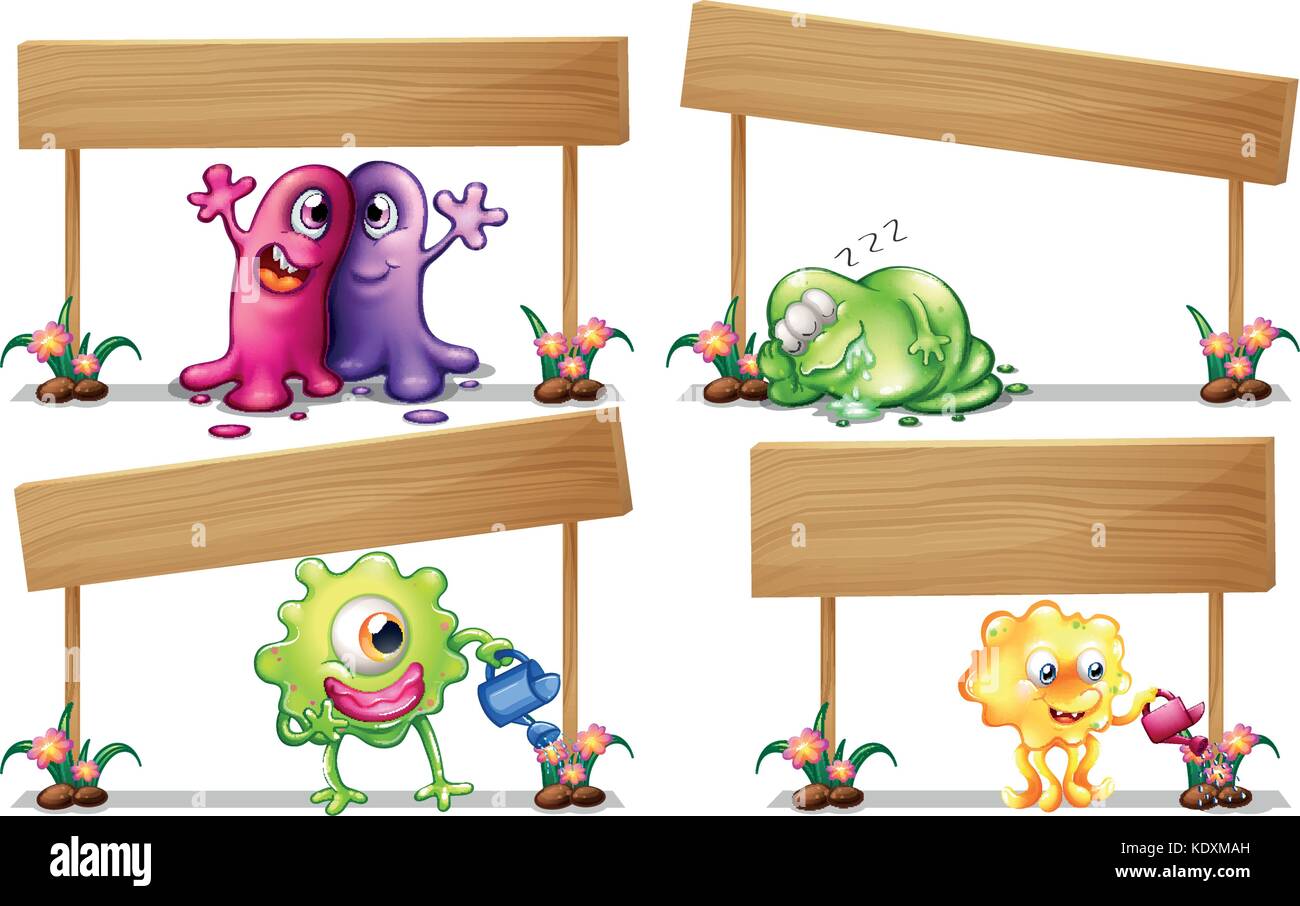Wooden signs with many monsters illustration Stock Vector Image & Art ...