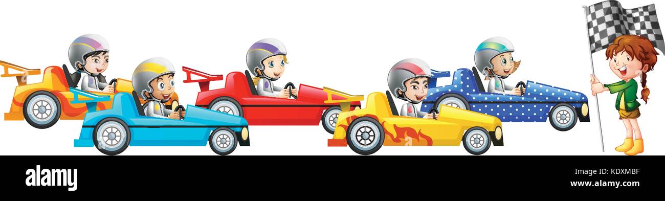Five kids racing car together illustration Stock Vector Image & Art - Alamy
