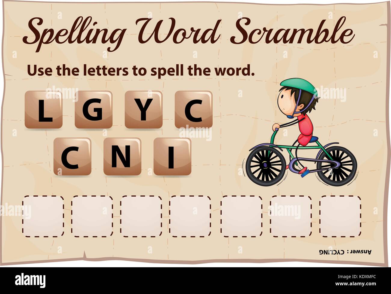 Spelling word scramble game template with cycling illustration Stock ...