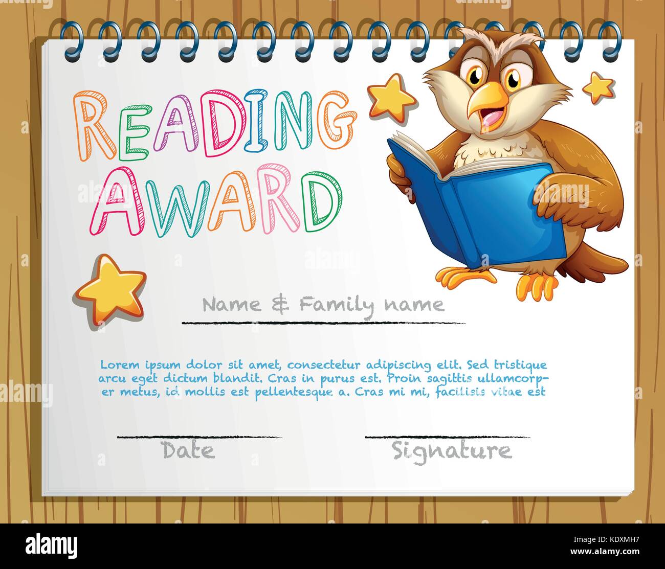 Certificate template with owl reading book illustration Stock Vector ...