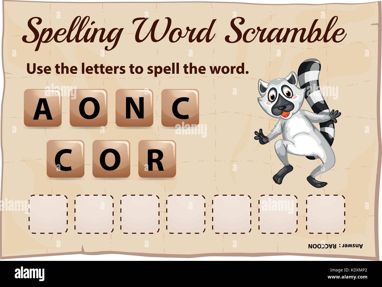 Spelling word scramble for word raccoon illustration Stock Vector Image ...