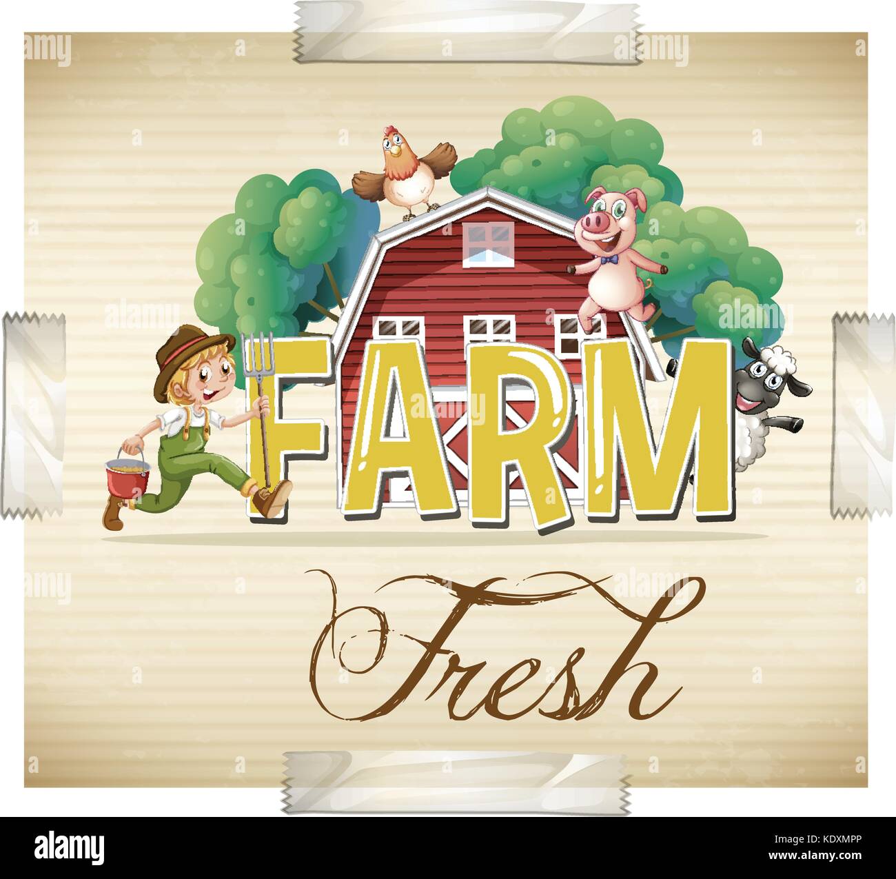 Farm animals and farmer on the poster illustration Stock Vector Image ...