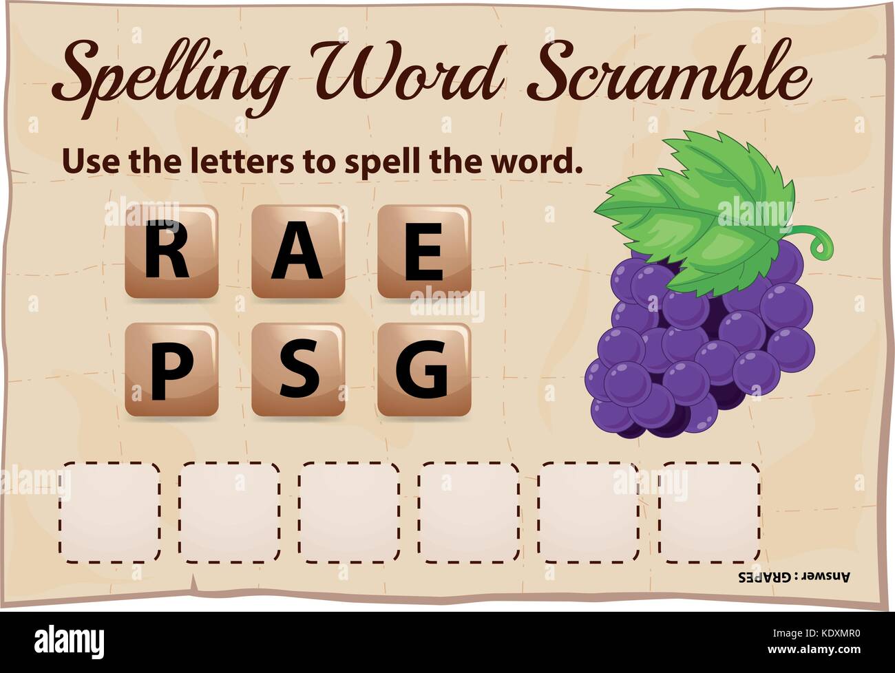 Spelling word scramble game template with word grapes illustration ...