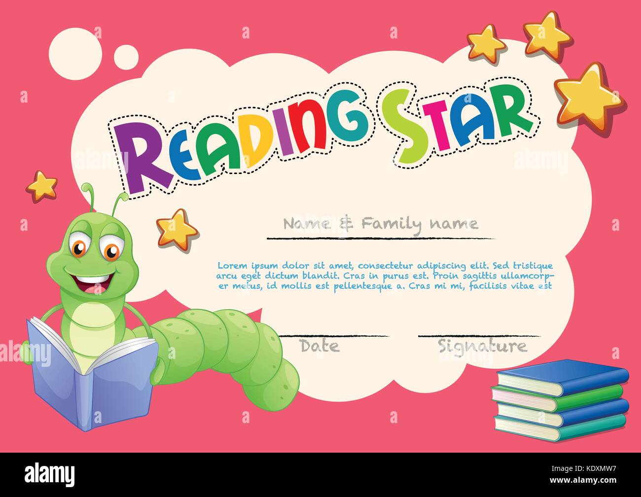 Certificate template with worm reading books illustration Stock Vector ...
