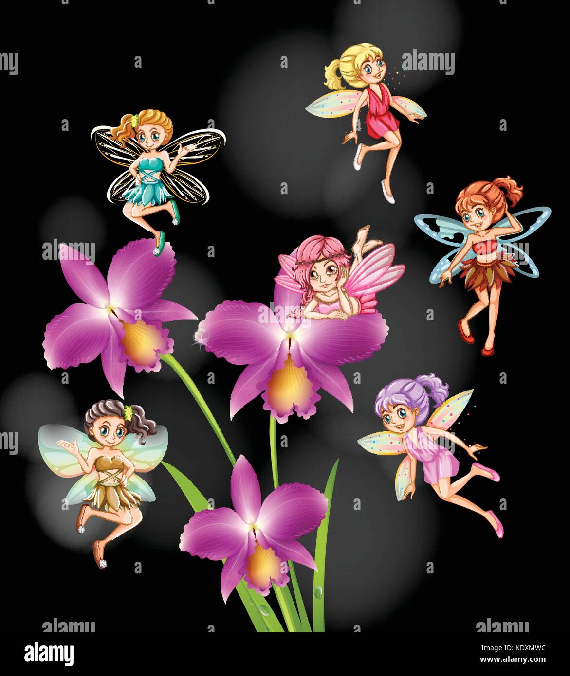 Fairies flying around orchid flowers illustration Stock Vector Image ...