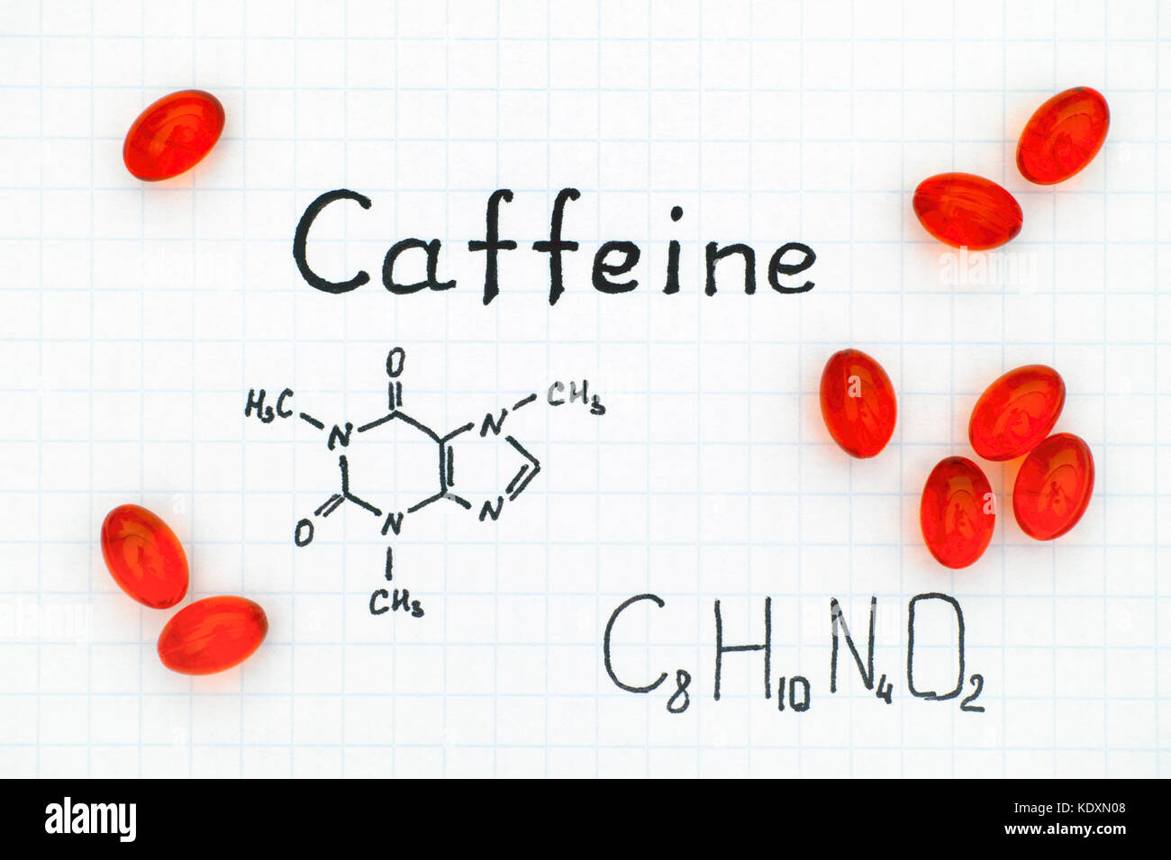 Chemical formula of Caffeine with red pills. Close-up Stock Photo - Alamy