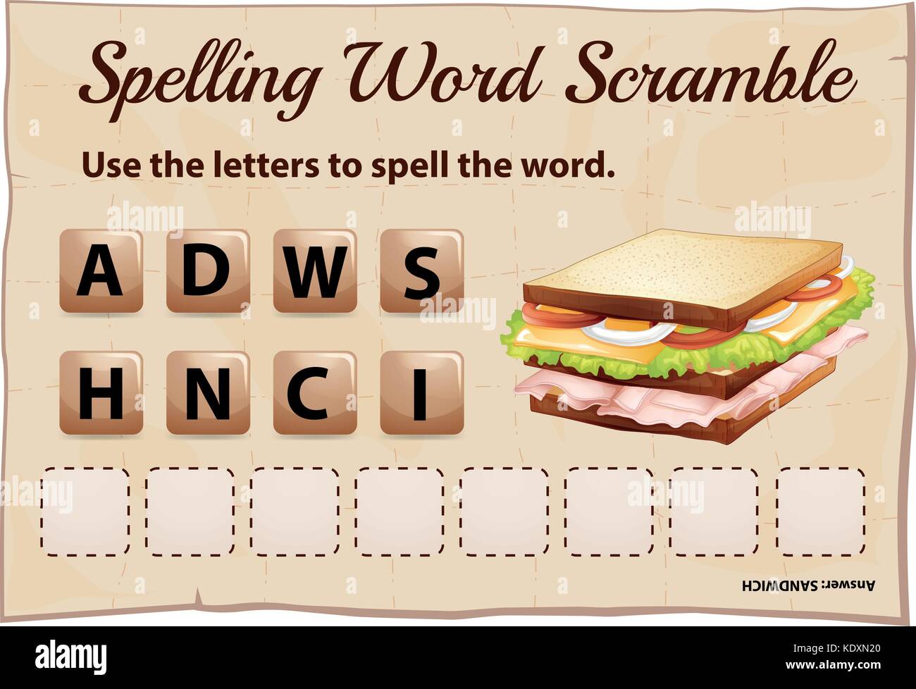 Spelling word scramble game template with word sandwich illustration ...