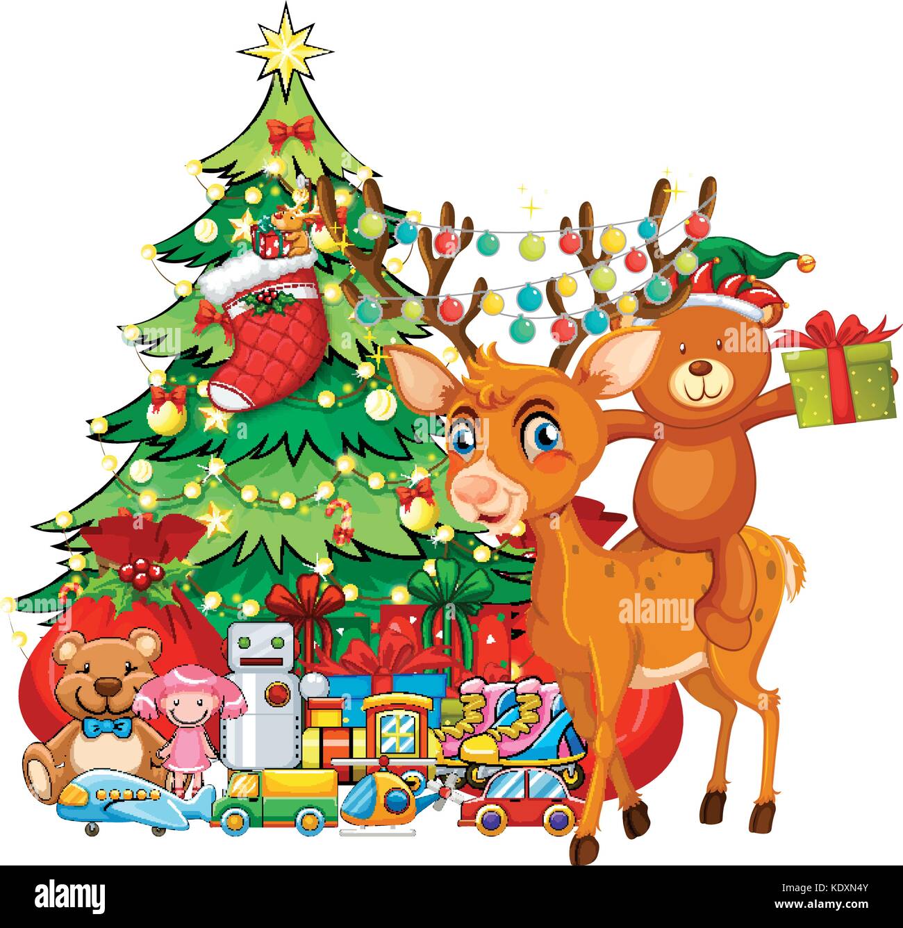 Christmas theme with reindeer and christmas tree illustration Stock ...