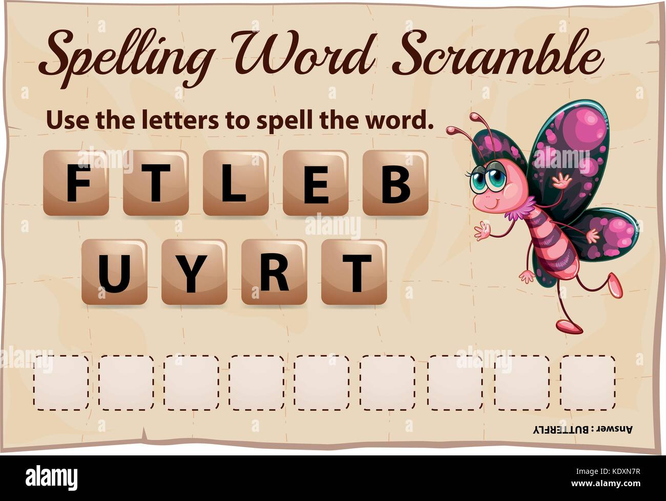 Spelling word scramble game template for word butterfly illustration ...