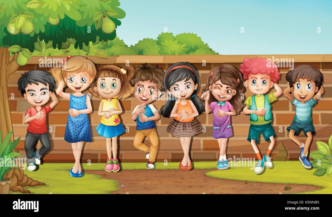 Many children standing by the wall illustration Stock Vector Image ...