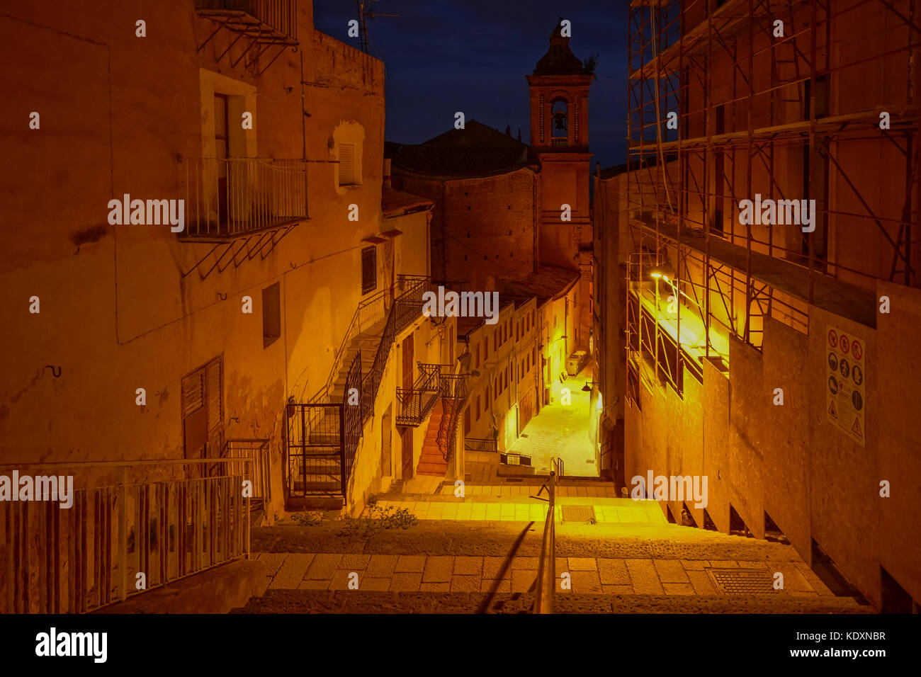 A night view of a street in Agrigento. The temple is in an exceptional ...